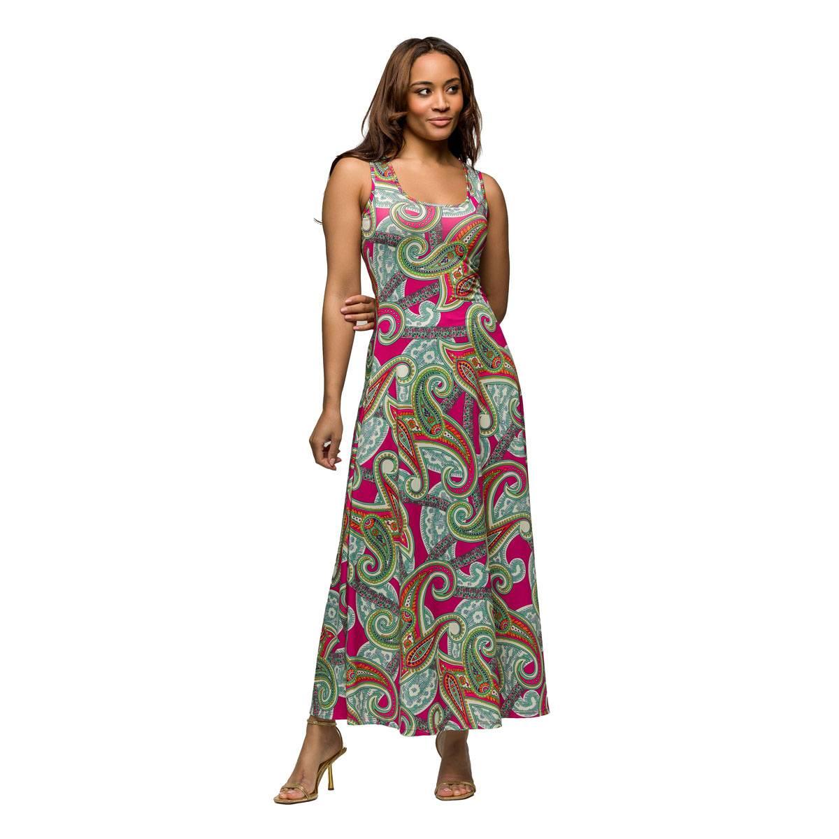24seven Comfort Apparel Womens Hot Pink Paisley Print Scoop Neck A Line Sleeveless Maxi Dress - Pink Multi