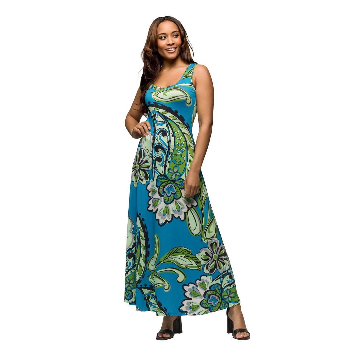 24seven Comfort Apparel Womens Scoop Neck A Line Sleeveless Maxi Dress - Blue Multi