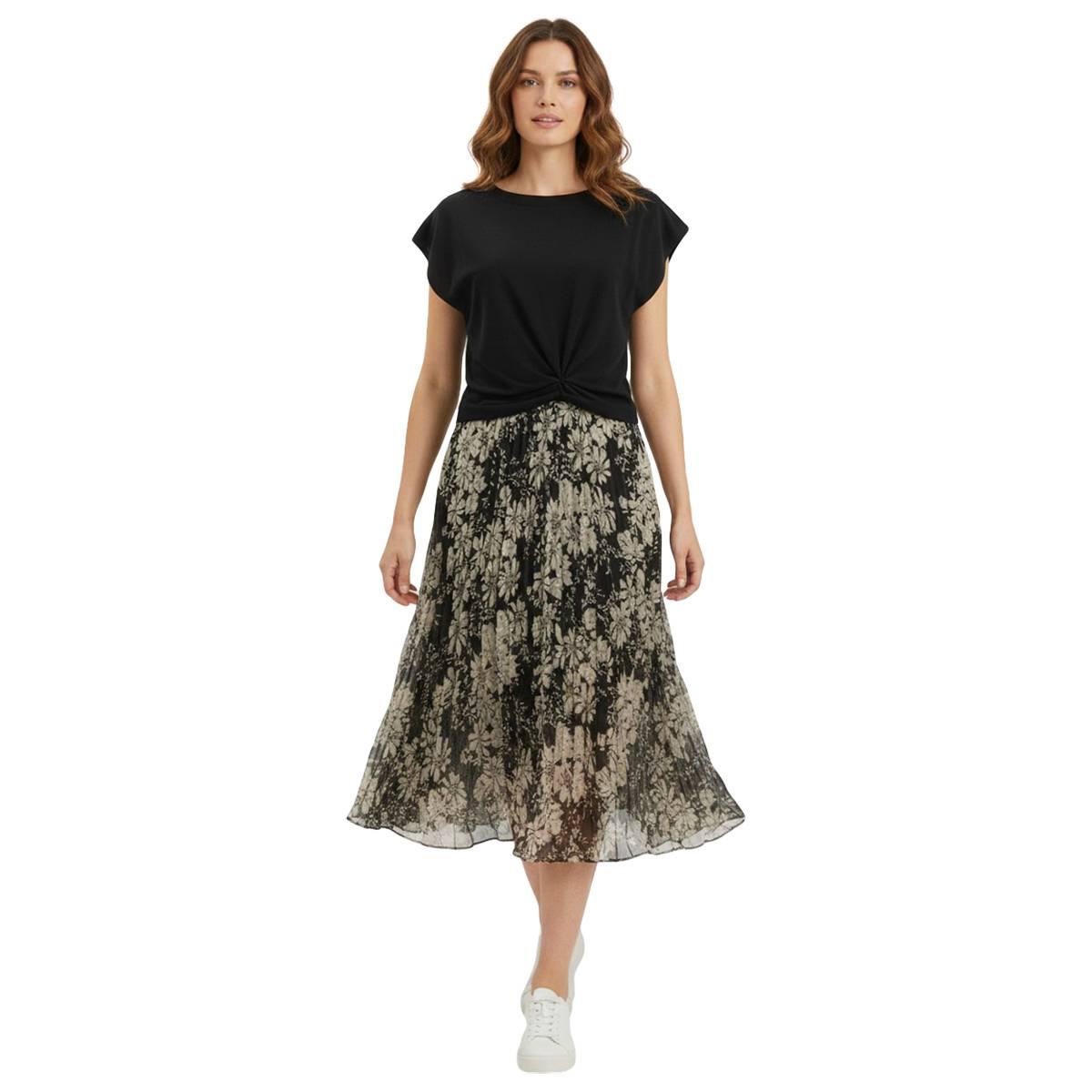 Robbie Bee Womens Floral-Print Pleated A-Line Midi Dress - Black/Beige
