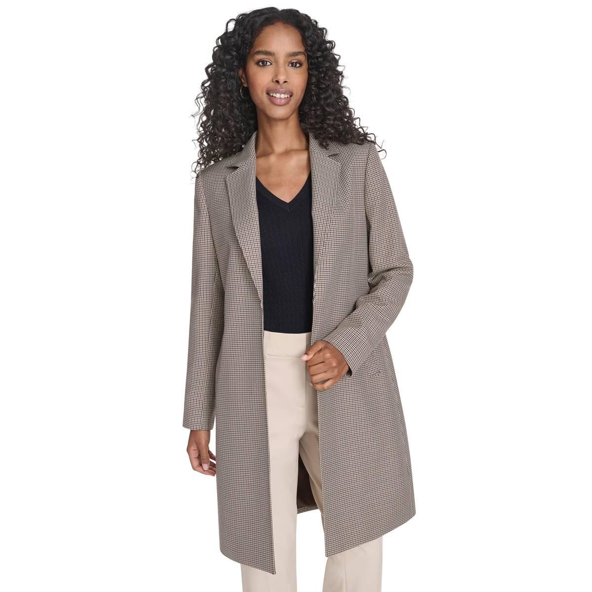 Tommy Hilfiger Womens Houndstooth Pattern Topper Long Jacket - Tan/Beige
