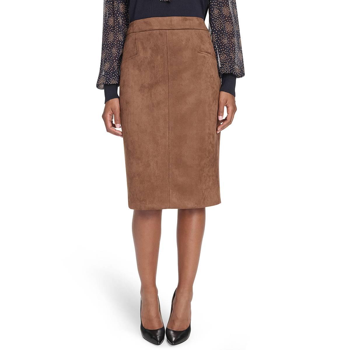 Tommy Hilfiger Womens Scuba Suede Knee Length Pencil Skirt - Cognac Brown