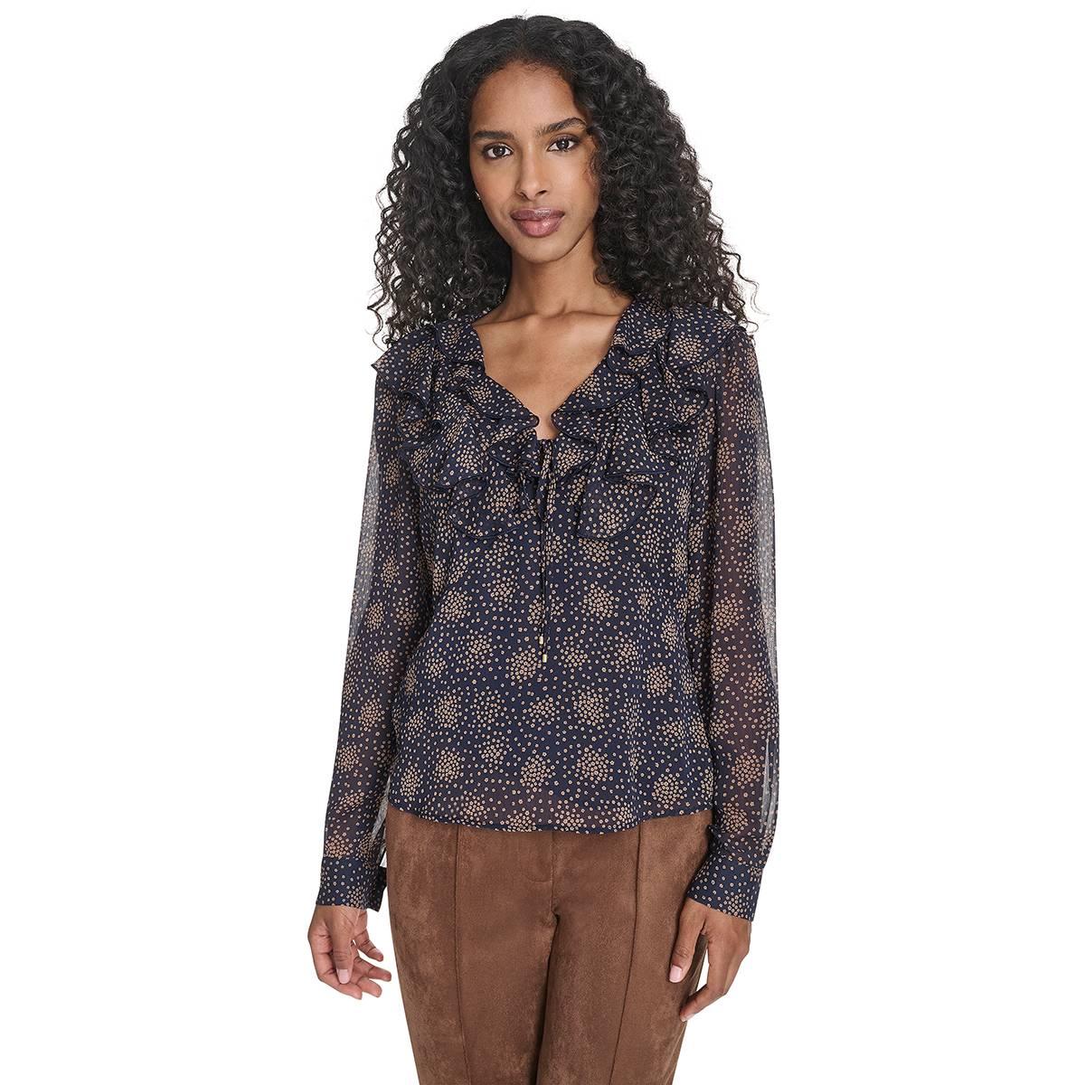 Tommy Hilfiger Womens Posy Ruffle Long Sleeve Blouse - Midnight/Brown Sugar
