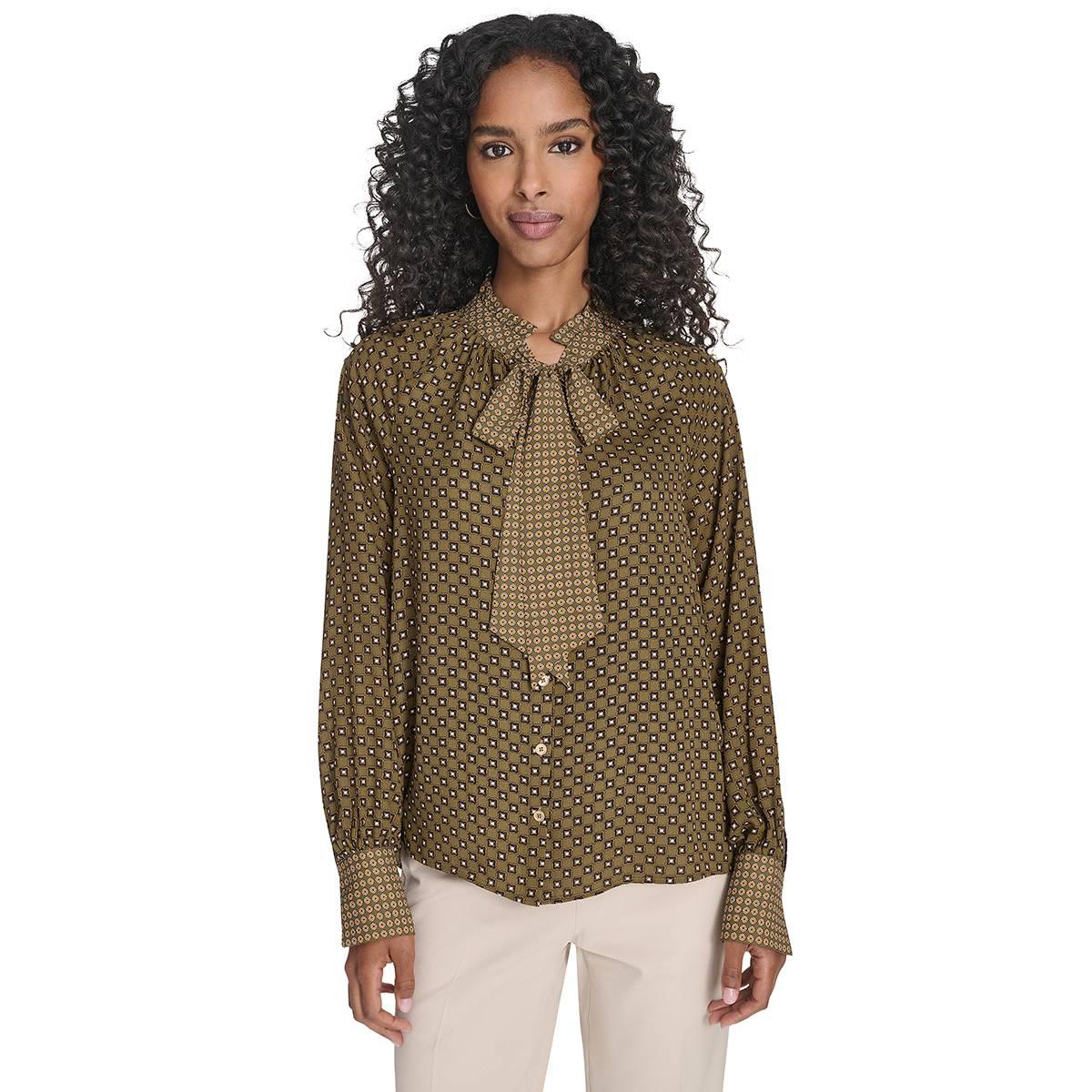 Tommy Hilfiger Womens Foulard Tie-Neck Blouse - Dark Olive