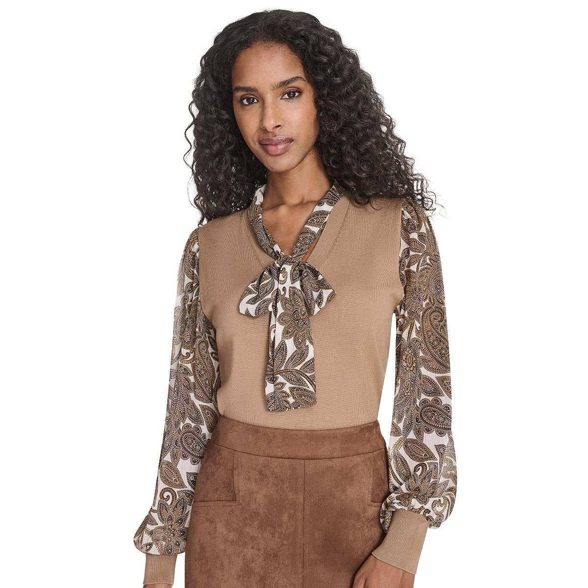 Tommy Hilfiger Womens Mixed Media Paisley Sweater - Tiger Eye
