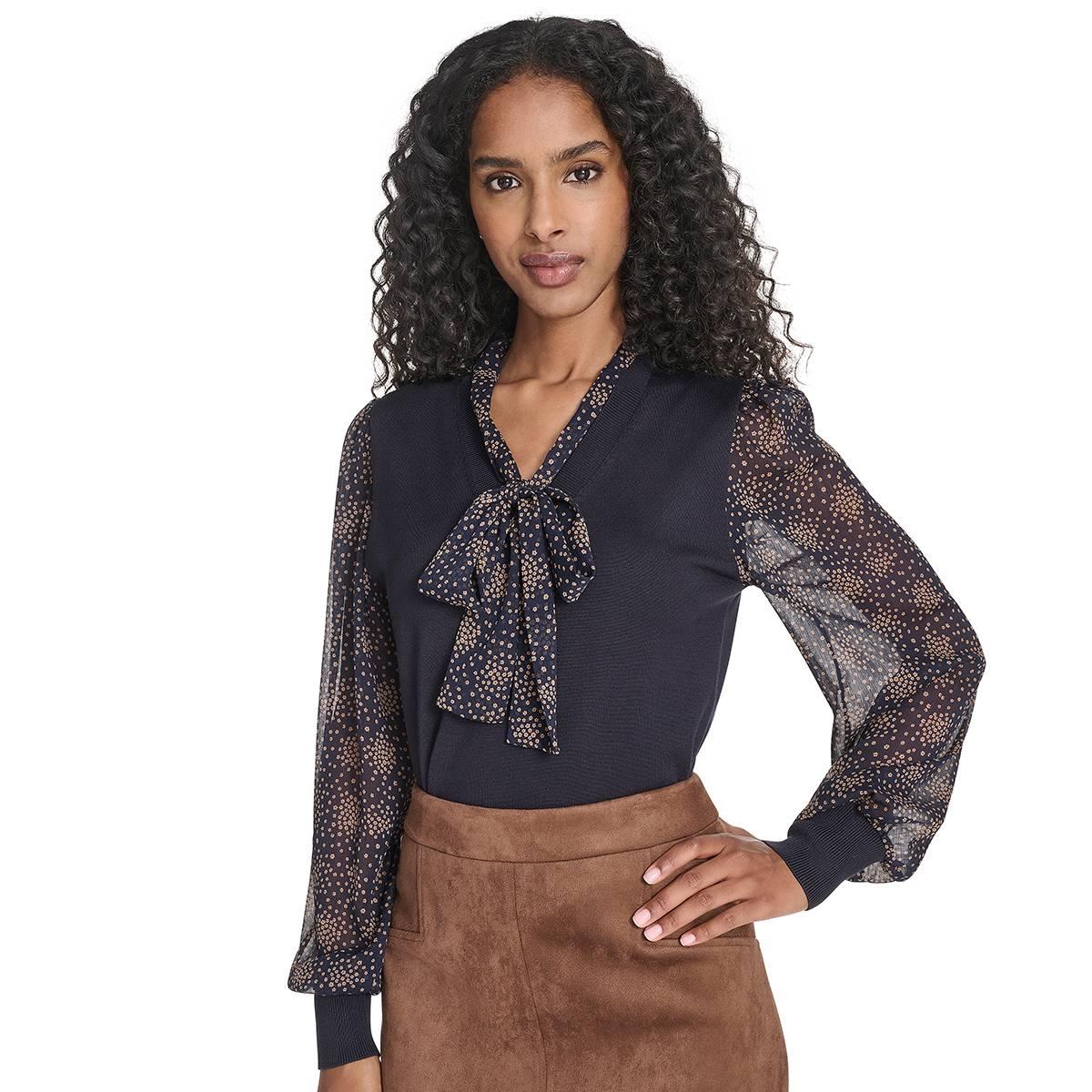 Tommy Hilfiger Womens Mixed Media Posy V-Neck Sweater - Midnight Blue