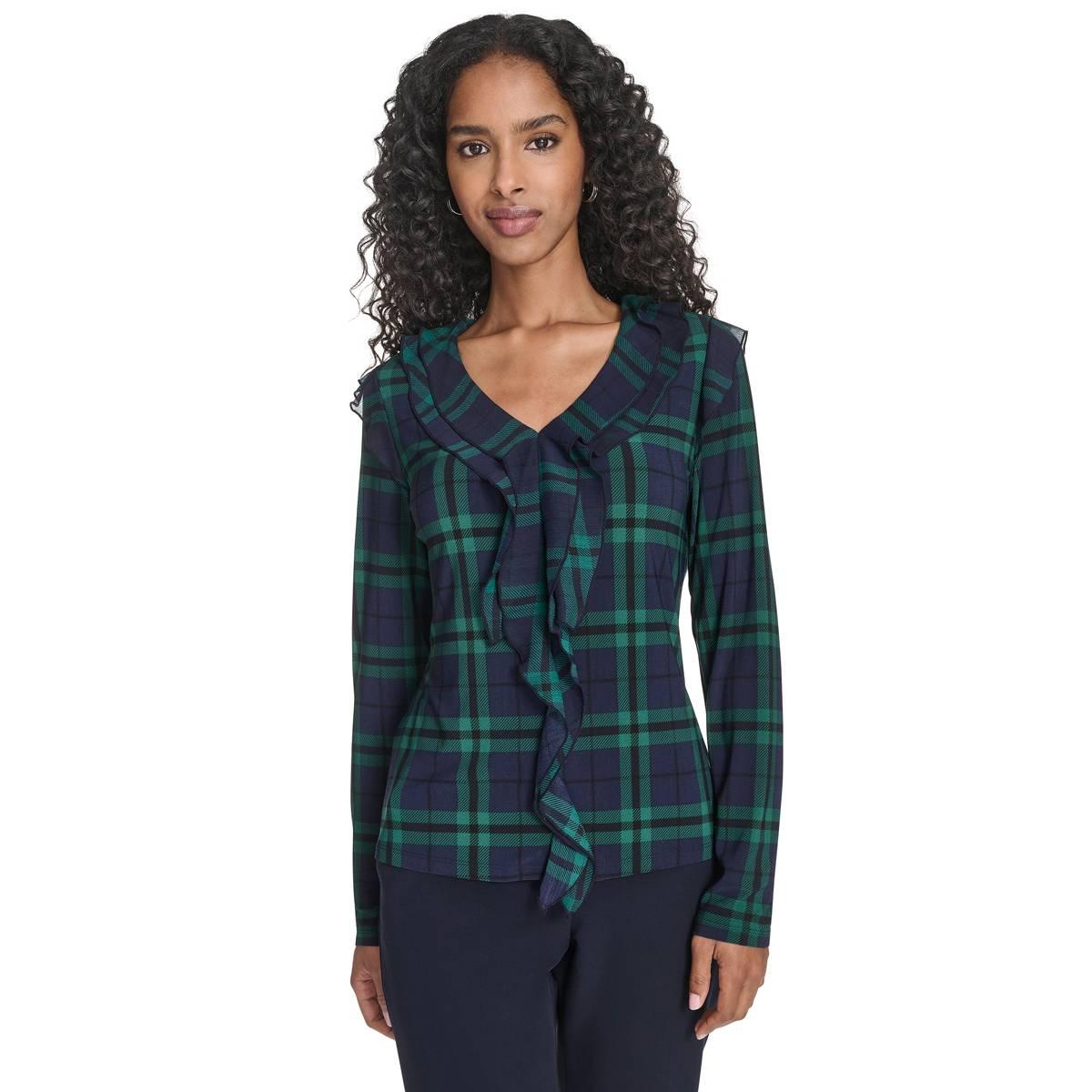 Click here for Womens Tommy Hilfiger Long Sleeve Ruffle Plaid Blo... prices