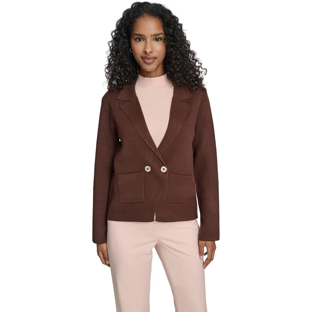Tommy Hilfiger Womens Double Breasted Peak Lapel Sweater Jacket - Chicory
