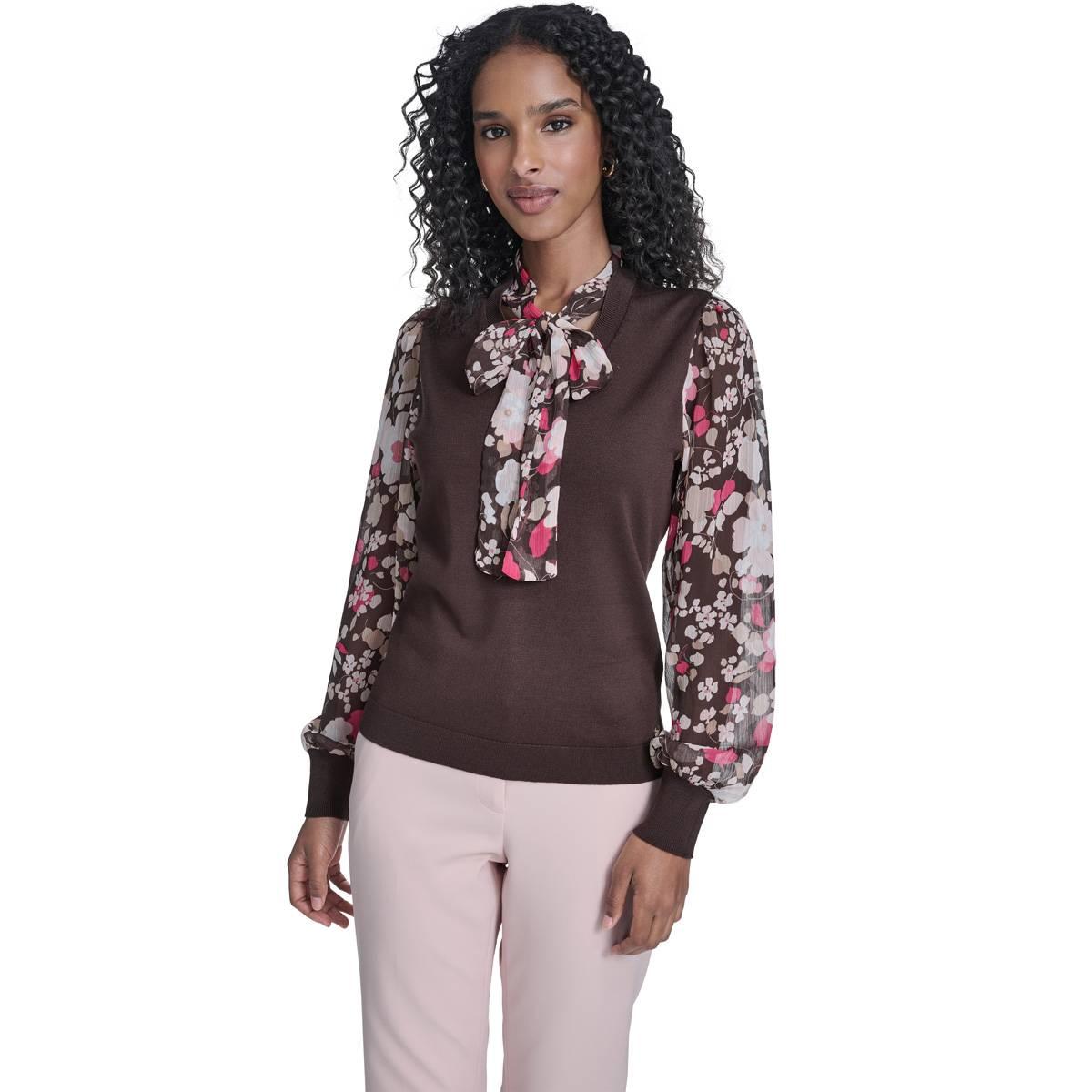 Tommy Hilfiger Womens Mixed Media Tie Neck Sweater - Chicory