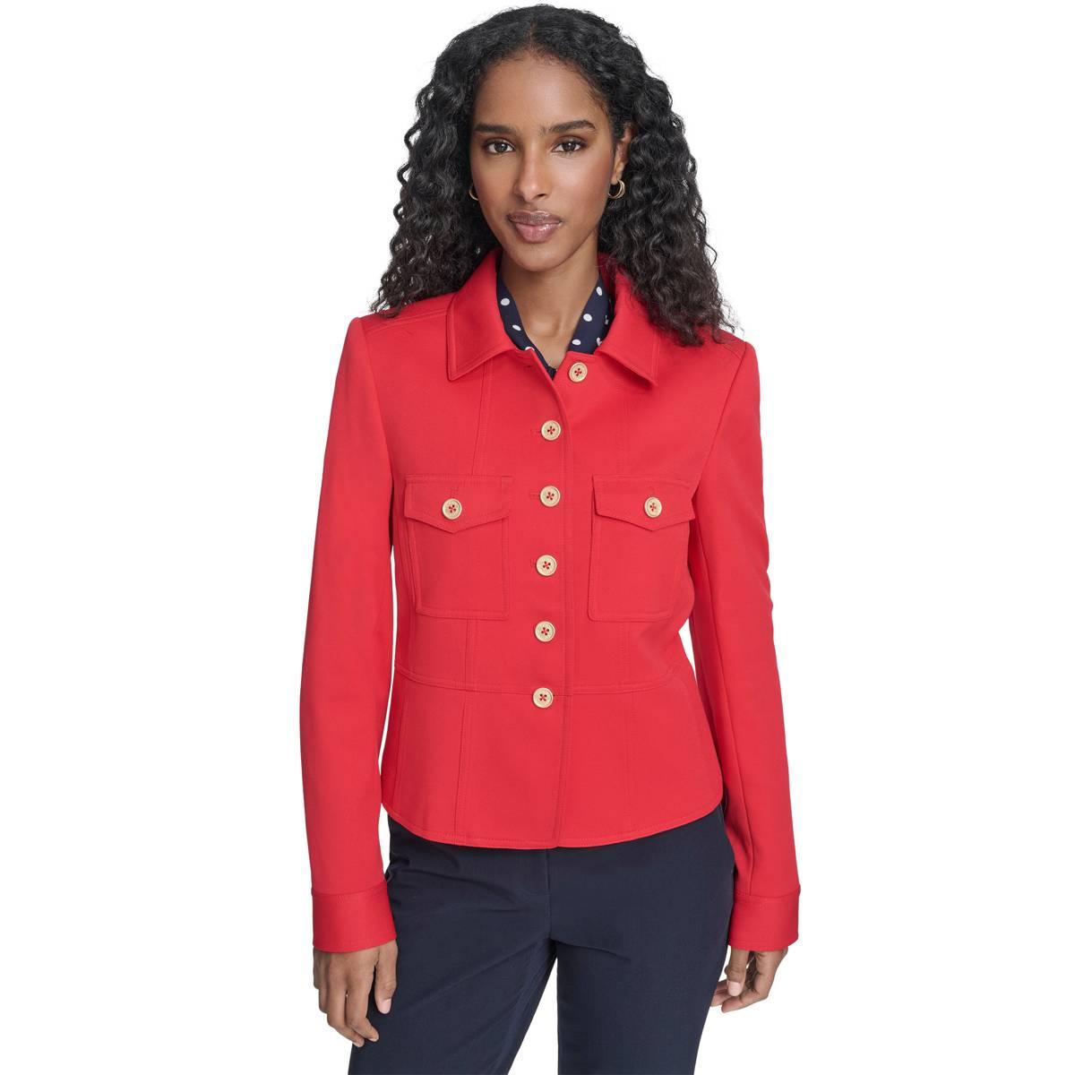 Tommy Hilfiger Womens Military Style Button Front Twill Jacket - Scarlet