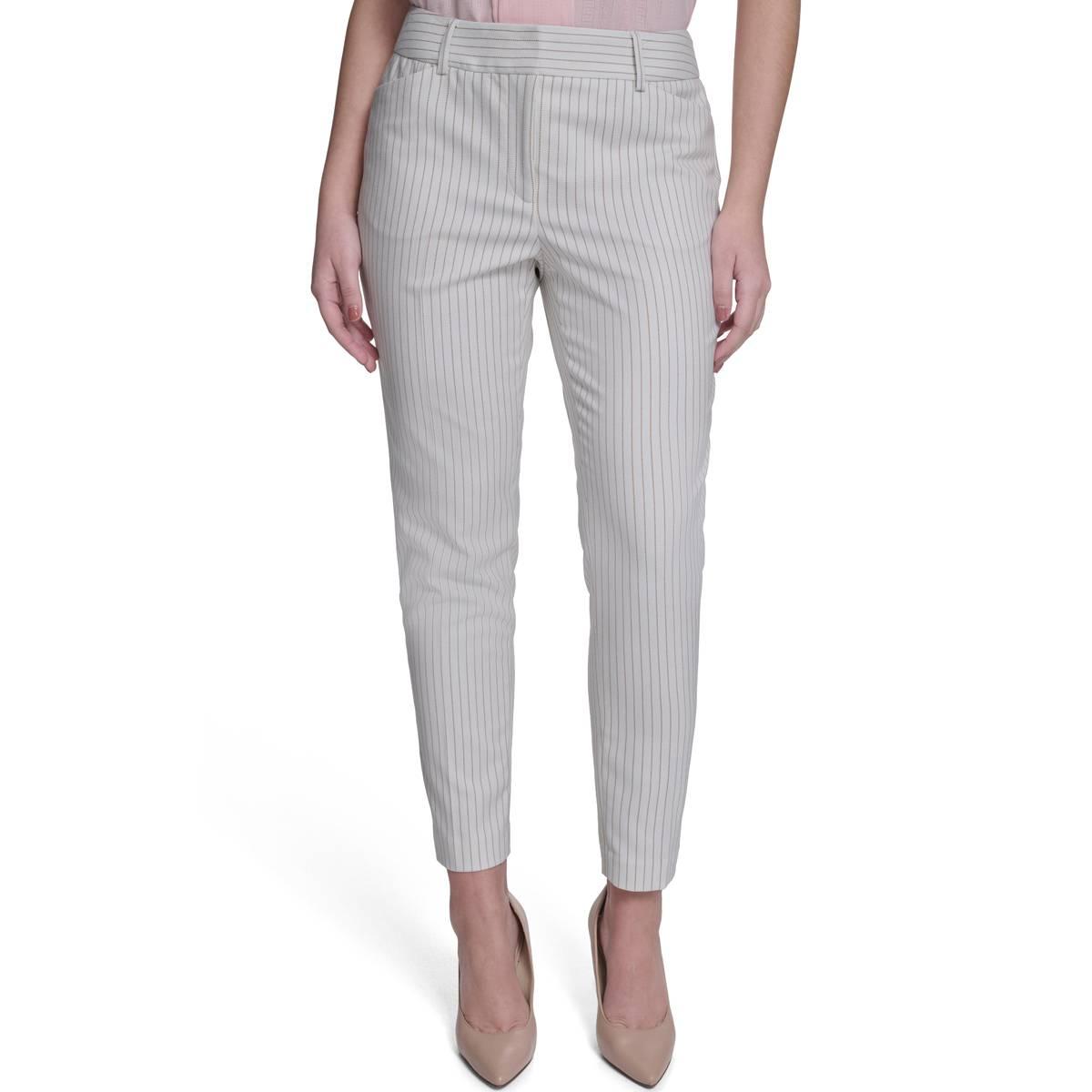 Tommy Hilfiger Womens Slim Fit Pinstripe Mid Rise Pants - Ivory/tannin