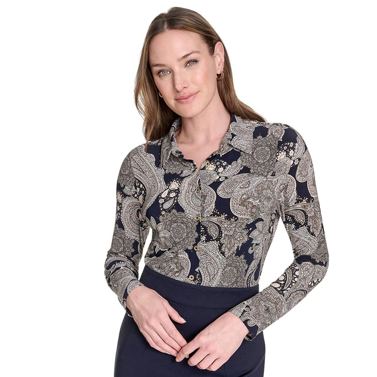 Tommy Hilfiger Womens Printed Long-Sleeve Knit Blouse - Midnight/ Sand