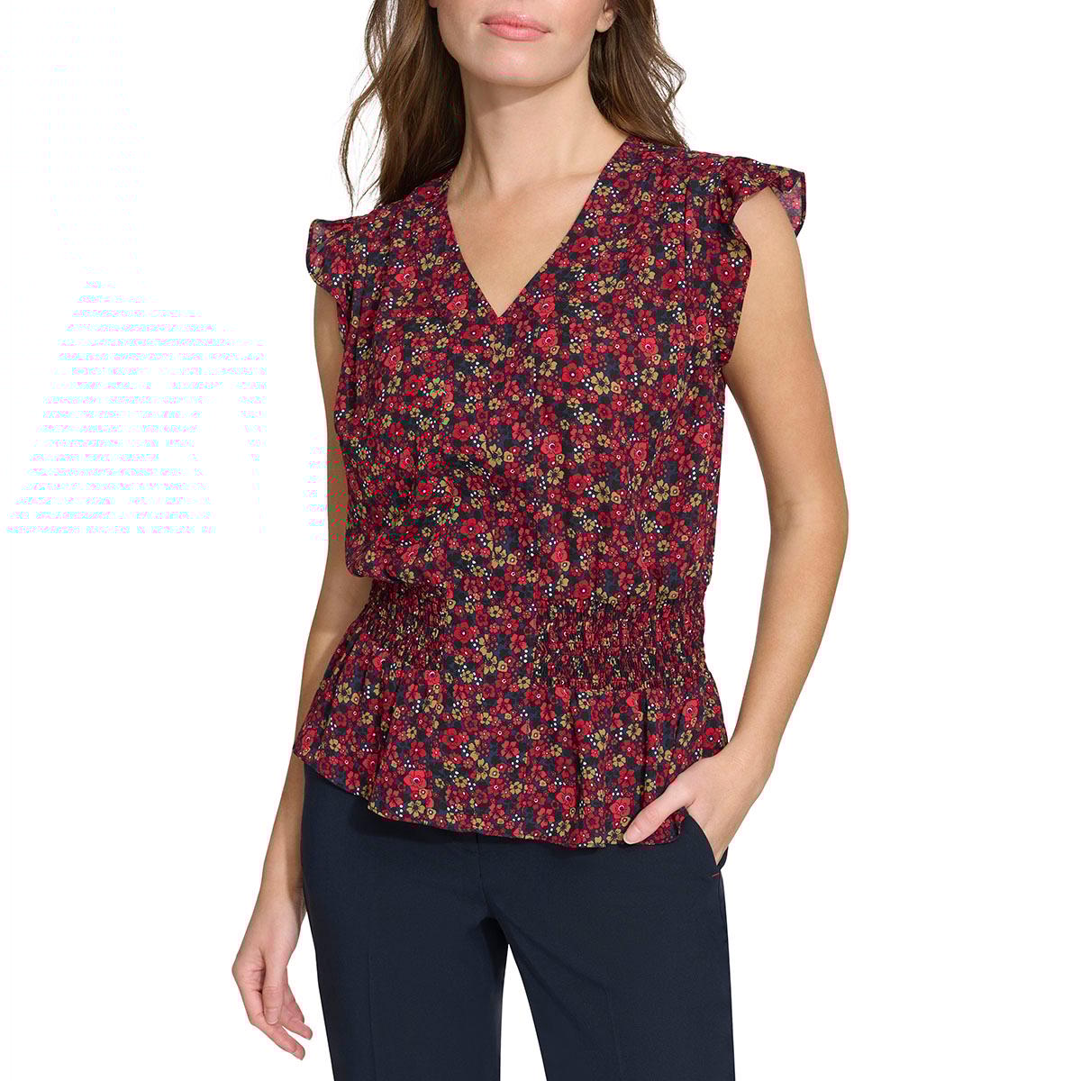 Tommy Hilfiger Womens Printed Smocked Cap-Sleeve Top - Mid/chili