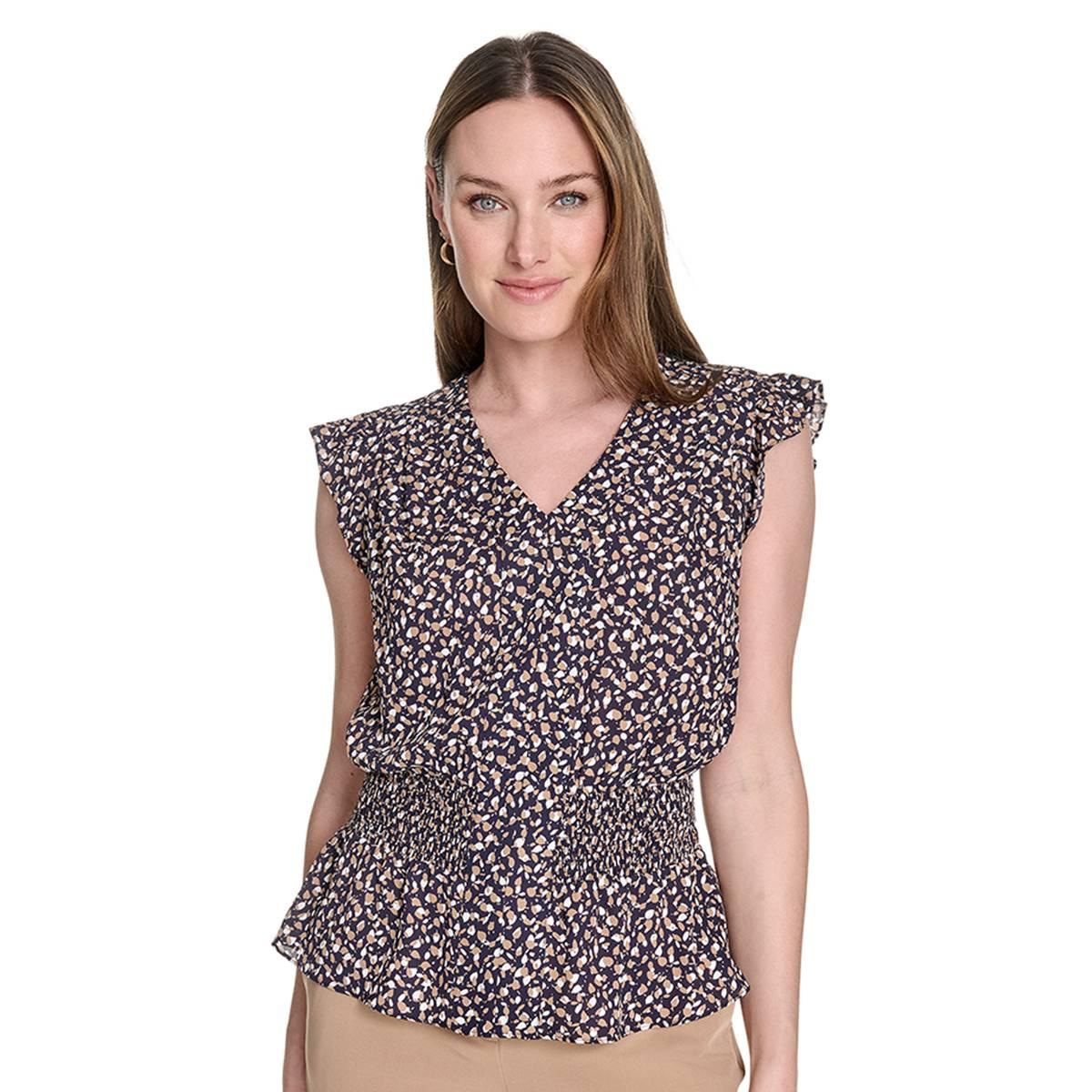 Tommy Hilfiger Womens Printed Smocked-Waist Flutter-Sleeve Blouse - Midnight/ Tigers Eye