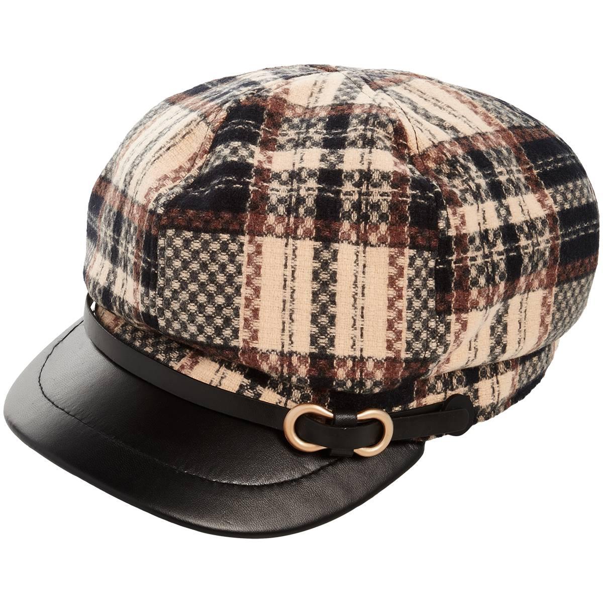 Click here for Womens Madd Hatter Plaid Faux Leather Brim Newsboy... prices