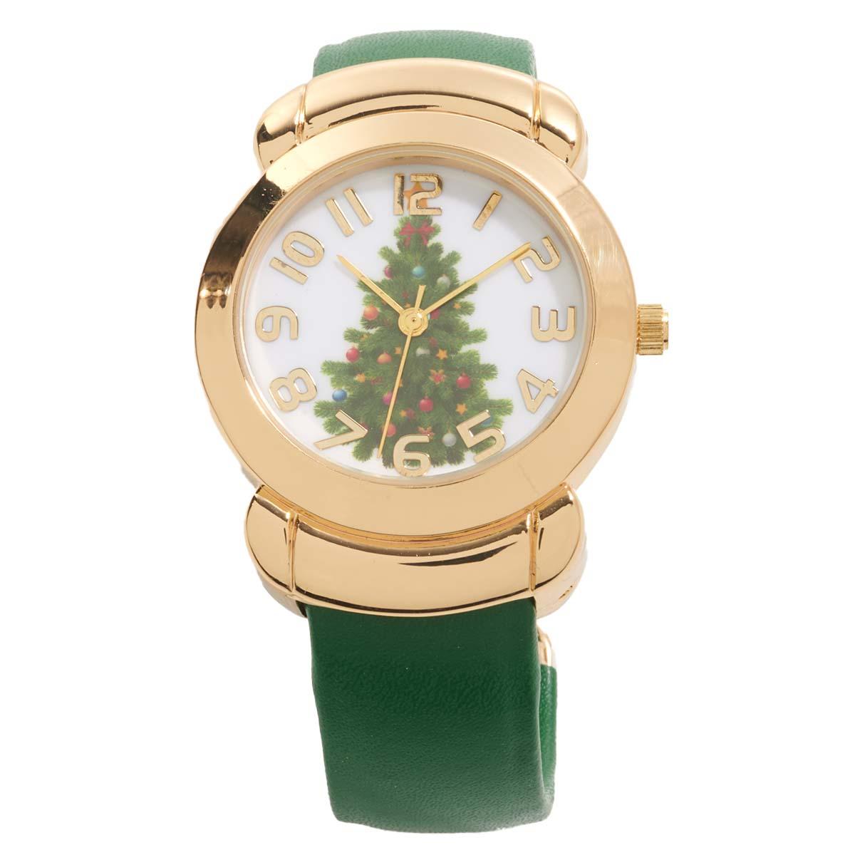 Click here for Gold-Tone Green Wrapped Christmas Tree Bangle Watc... prices