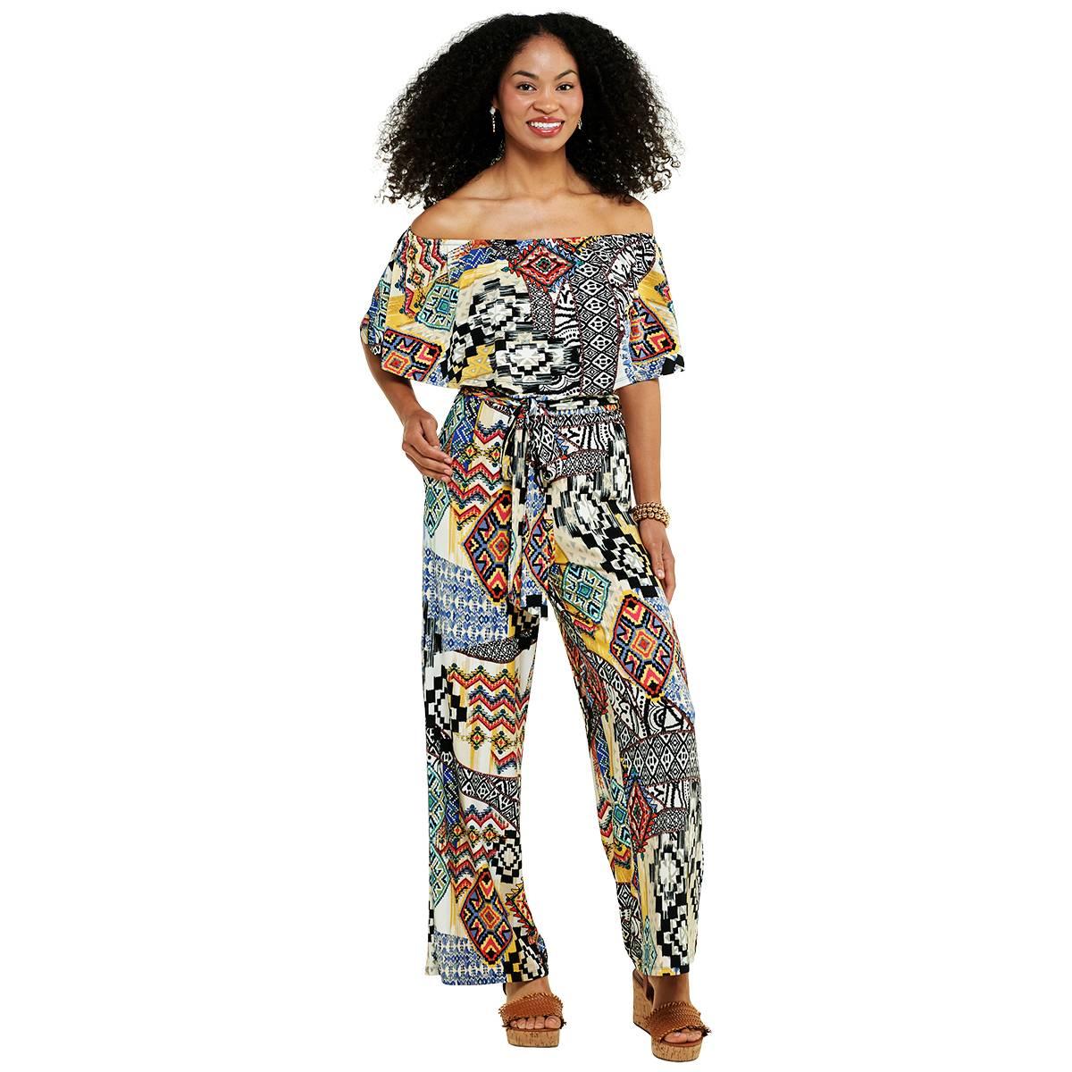 Click here for Plus Size Violet B Off The Shoulder Aztec Jumpsuit prices