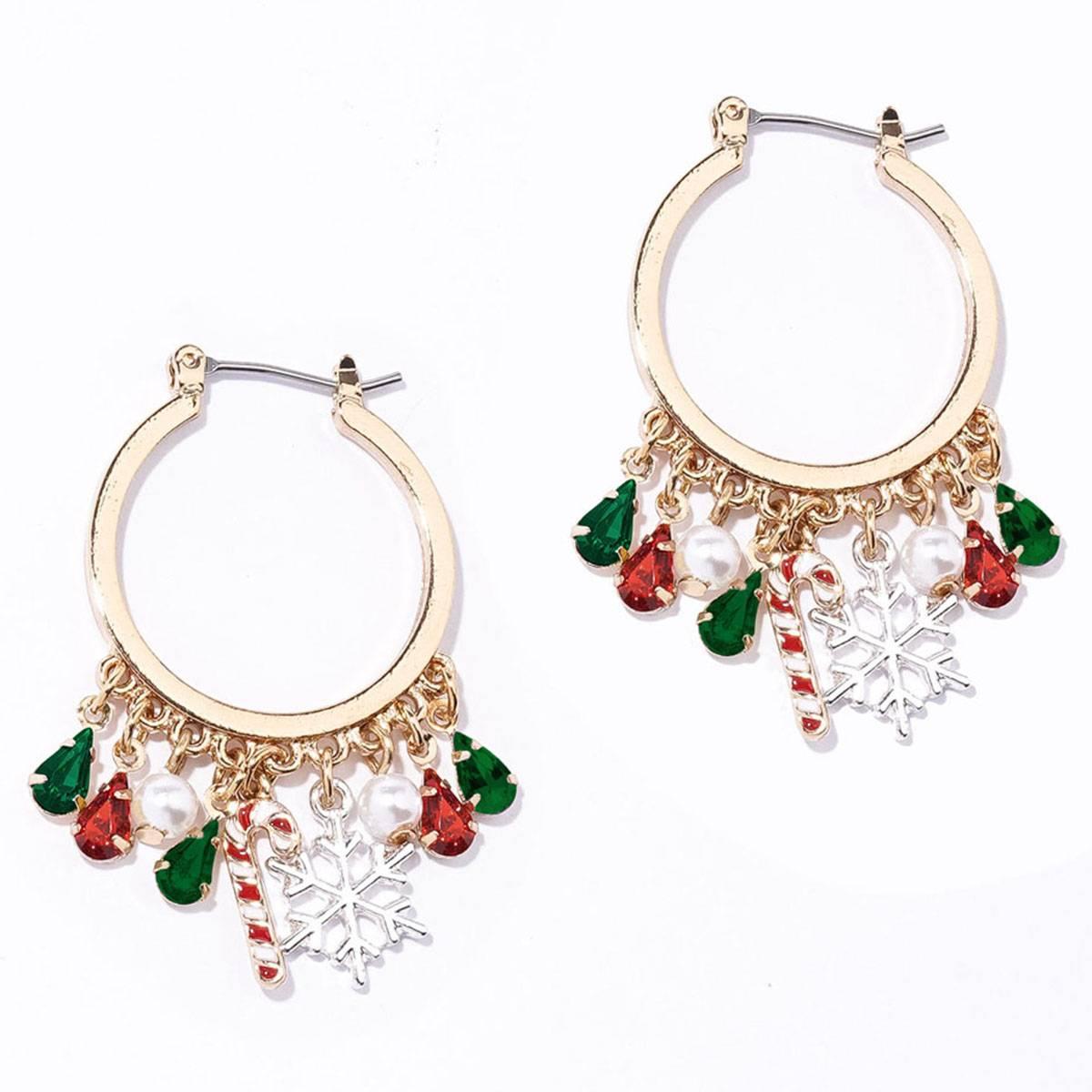 Click here for Hoop Earrings w/ Teardrop Charm Candy Cane Snowfla... prices
