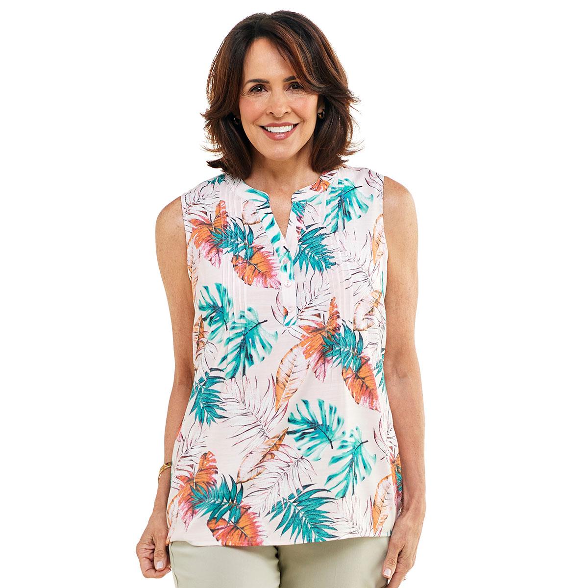 Click here for Womnes Notations Sleeveless Leaf Tuwa Pleat Blouse prices