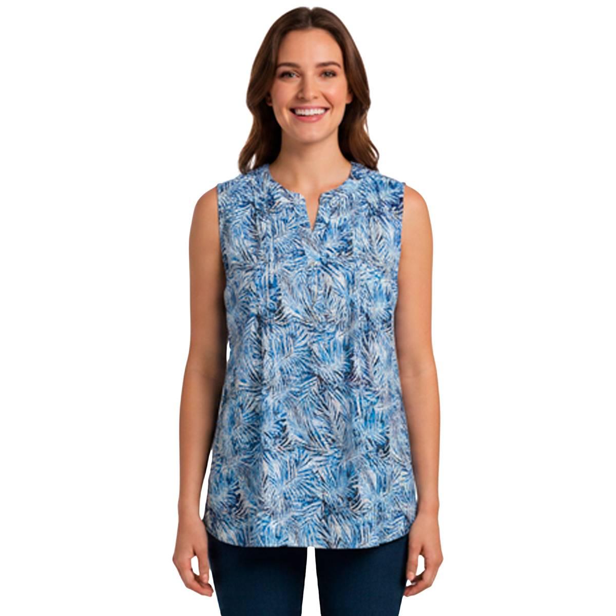 Click here for Womens Notations Sleeveless Tropical Leaf Pleat Bl... prices