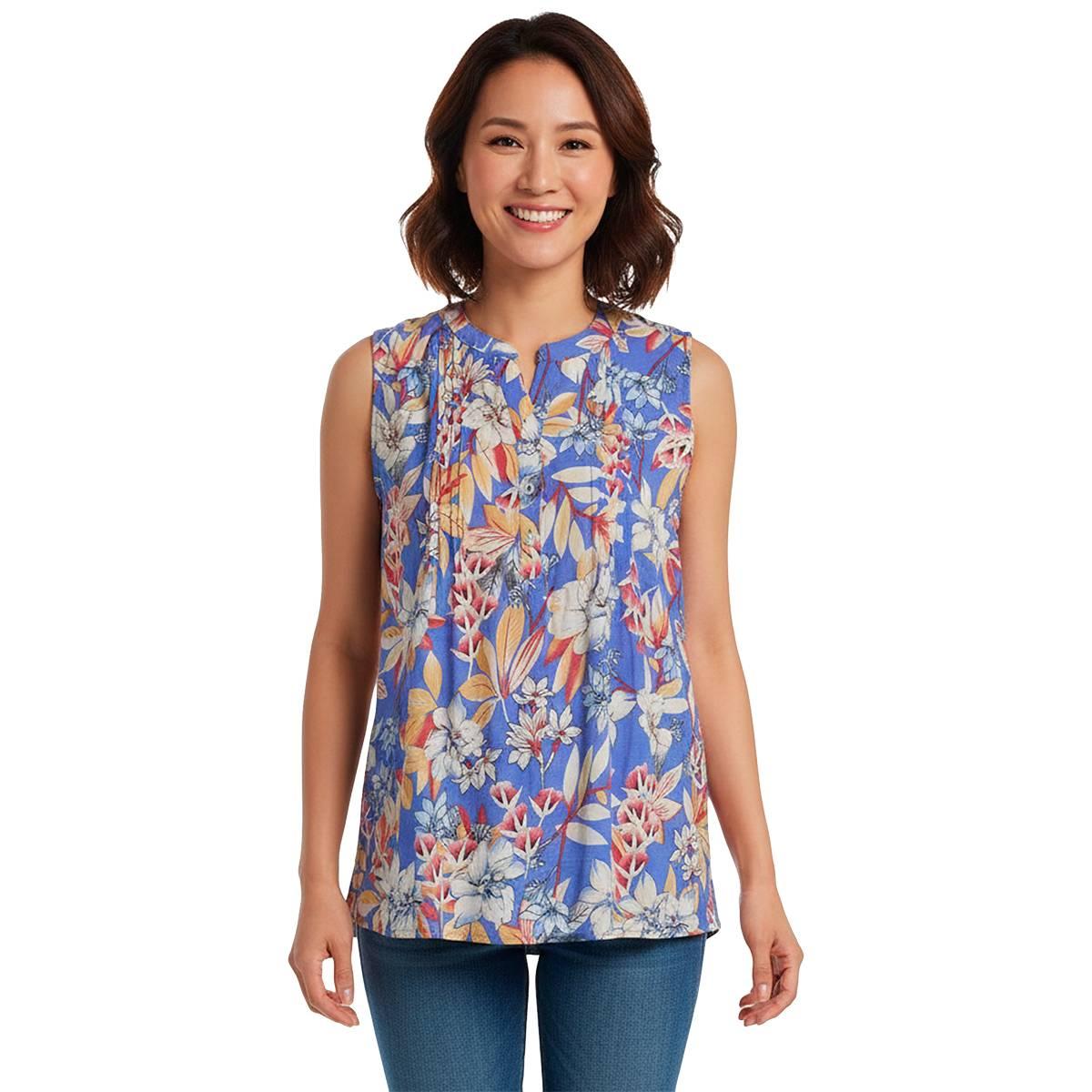 Click here for Womens Notations Sleeveless Floral Pleat Button Fr... prices