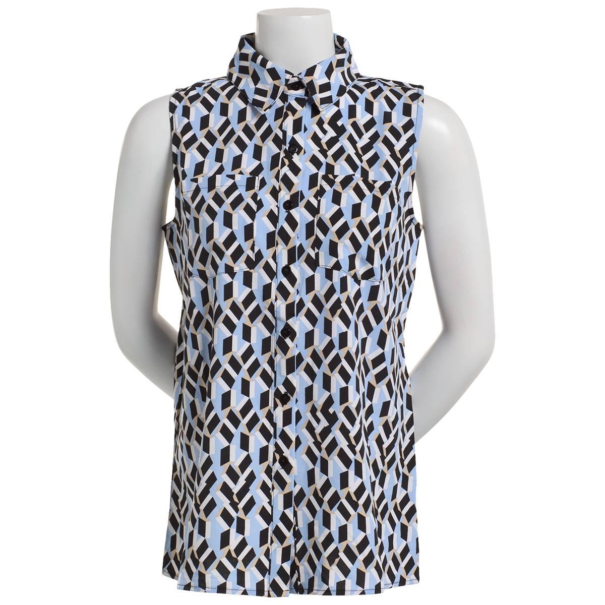 Womens Notations Sleeveless Button Front Silky Stretch Blouse