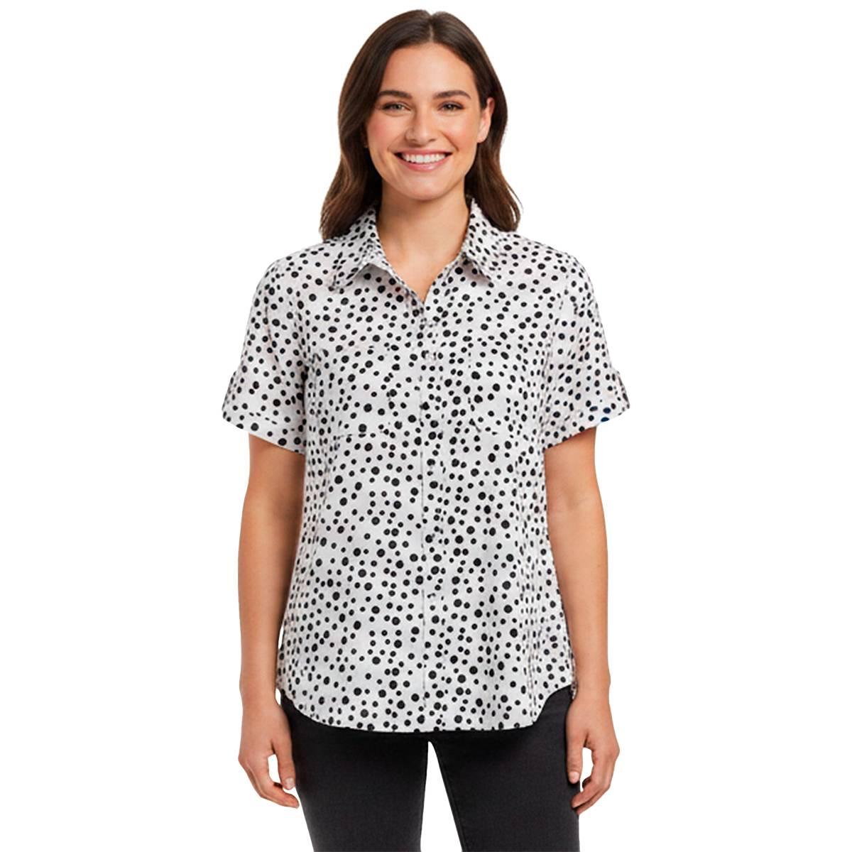 Click here for Womens Notations Short Sleeve Dot Button Front Blo... prices