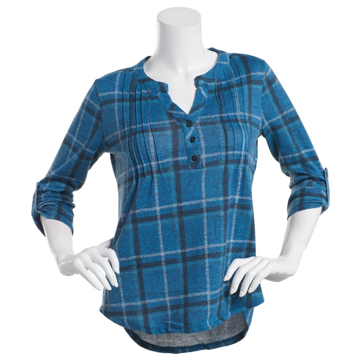 Click here for Petites Notations 3/4 Sleeve Plaid Hacci Pleat Hen... prices
