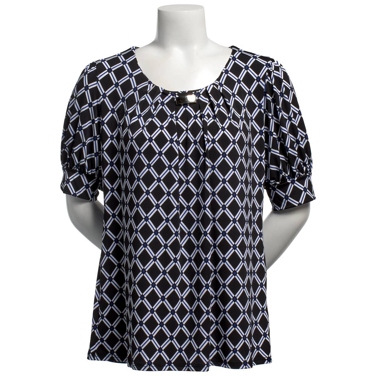 Click here for Petite Notations Short Sleeve Bar Neck Diamond Blo... prices