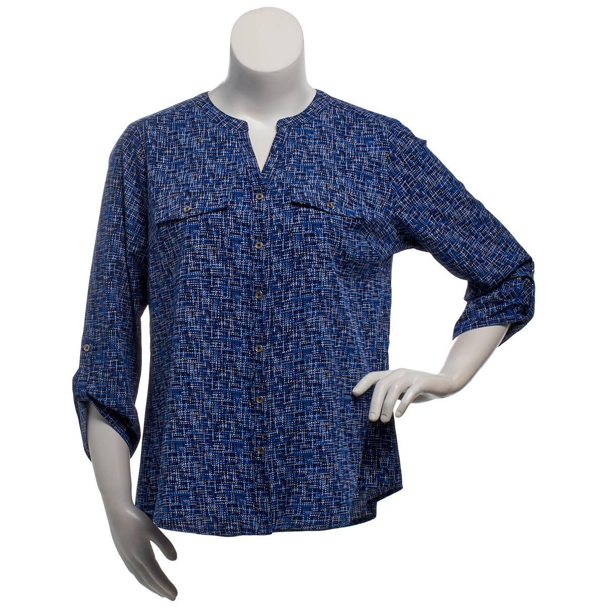 Plus Size Notations 3/4 Sleeve Abstract No Collar Blouse
