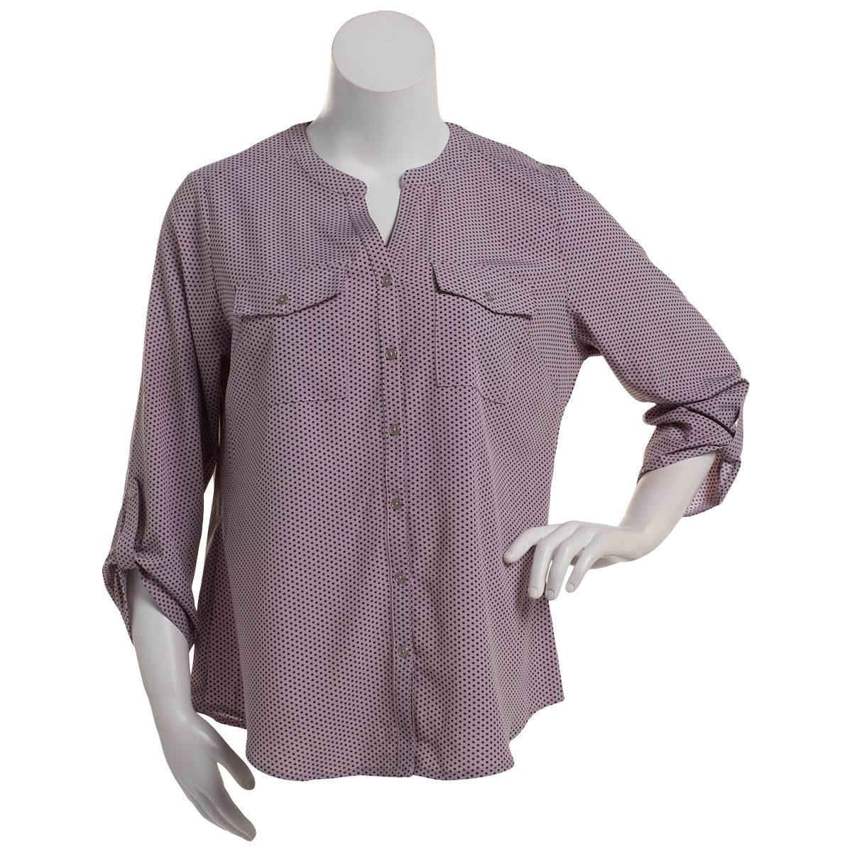 Ny Collection Plus Size 3/4 Sleeve Roll Tab Y Neck Blouse - Sea Fog Black Taranto Dot