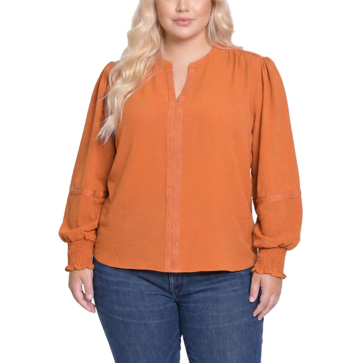 Click here for Plus Size NY Collection Long Smocked Sleeve Studde... prices