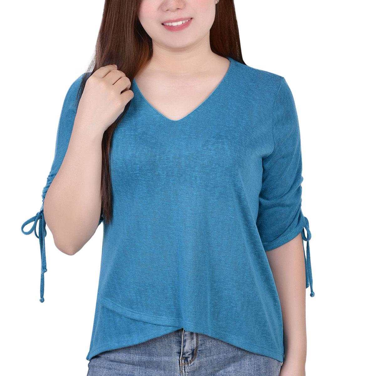 Click here for Womens NY Collection Ruched Elbow Sleeve Hacci Blo... prices