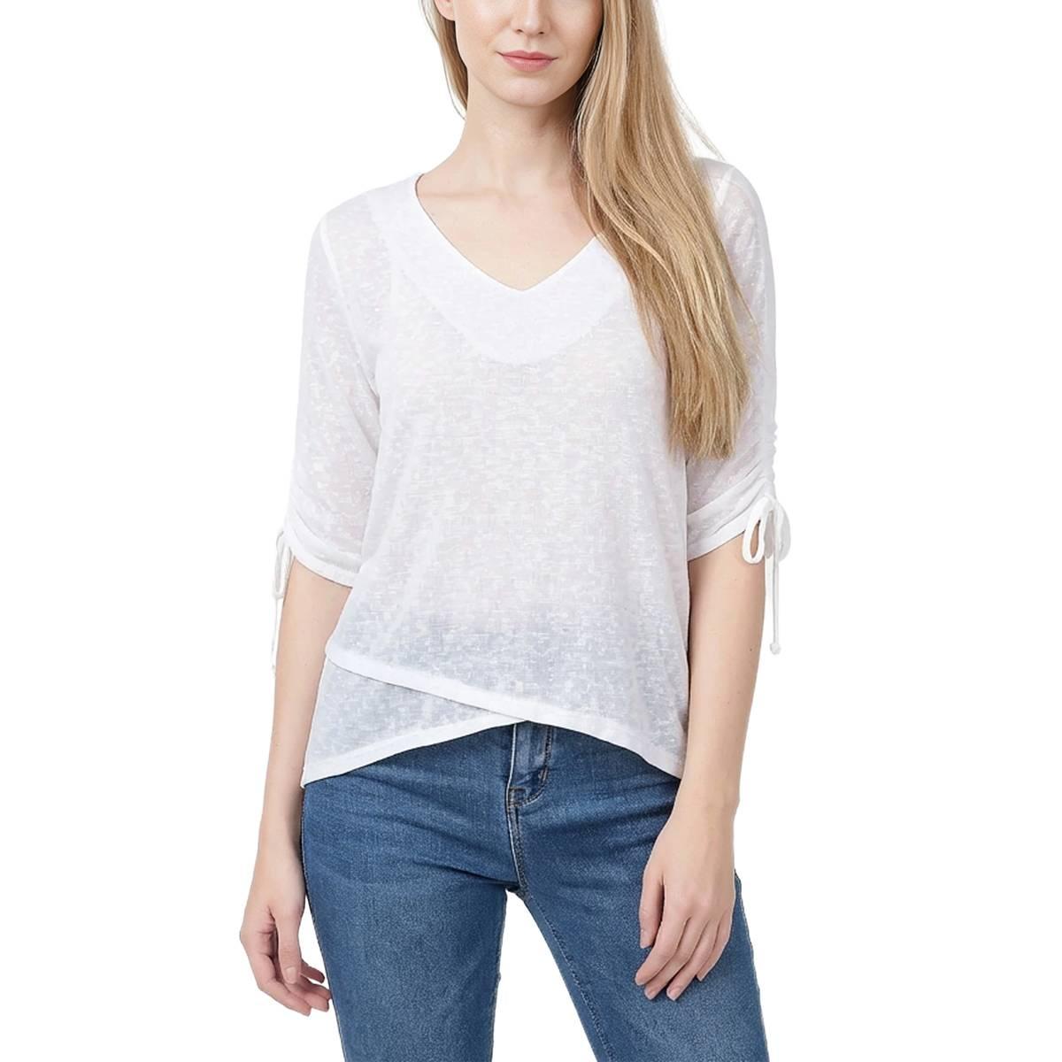 Click here for Womens NY Collection Ruched Elbow Sleeve V Neck Ha... prices
