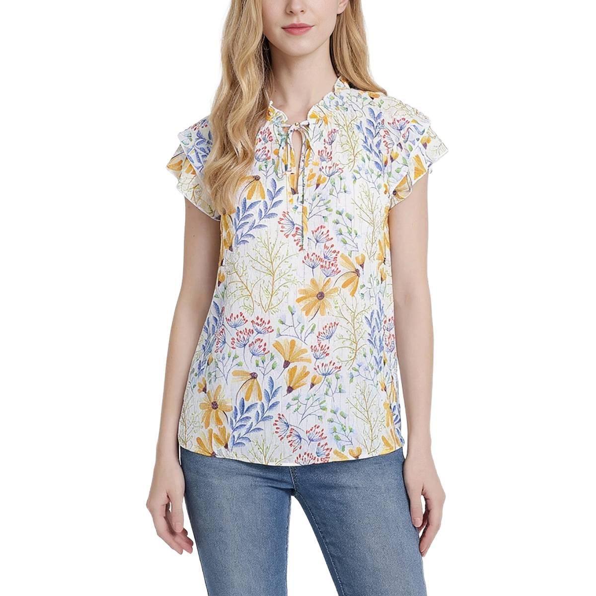 Click here for Womens NY Collection Chiffon Tie Neck Floral Blous... prices