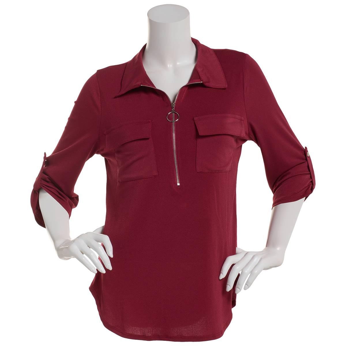 Ny Collection Womens 3/4 Roll Tab Zip Front Top - Burgundy
