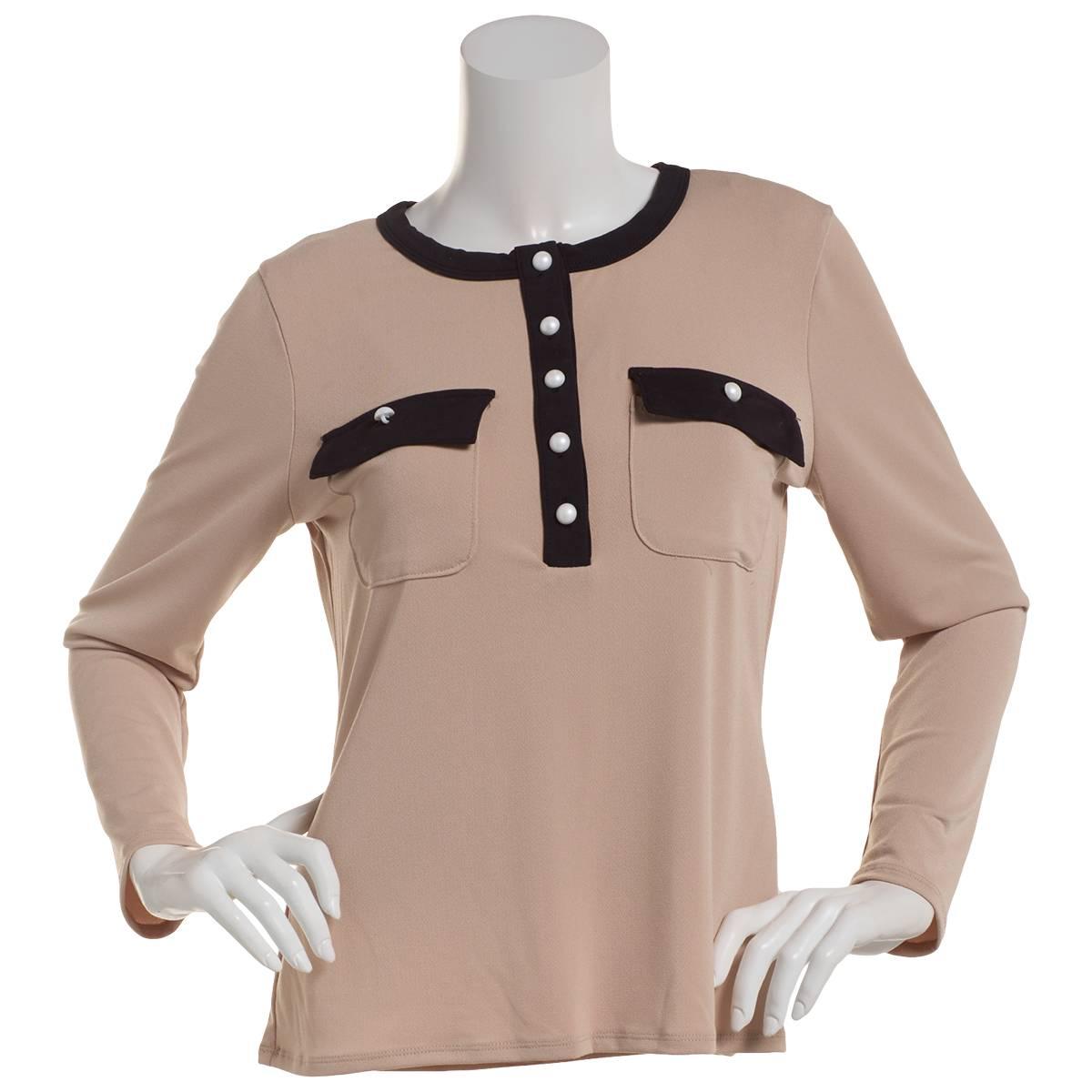 Ny Collection Womens Long Sleeve Contrast Detail Top - Tan Black