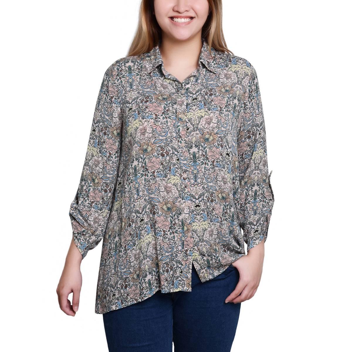 Click here for Womens NY Collection 3/4 Roll Tab Sleeve Floral Bl... prices