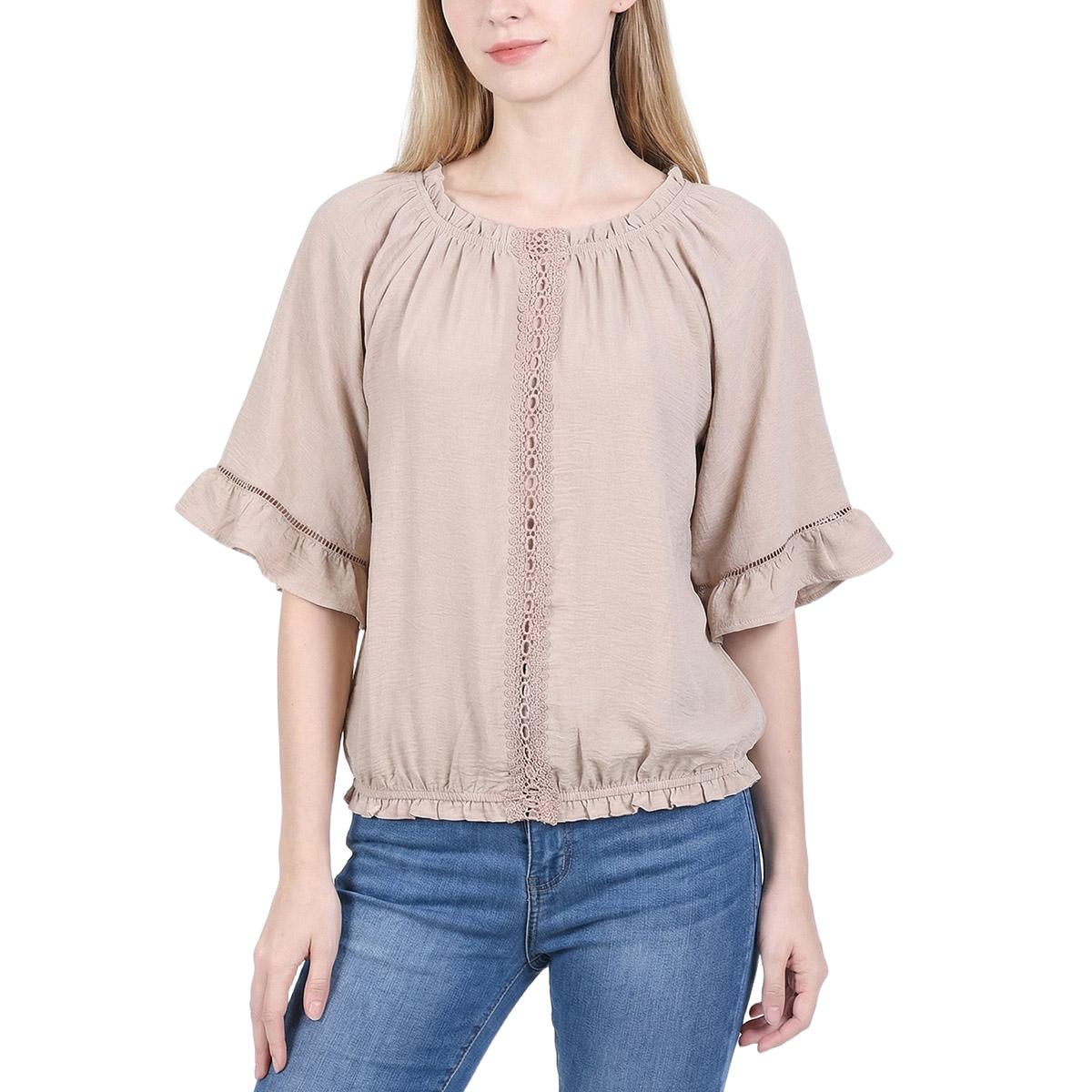 Click here for Womens NY Collection Elbow Sleeve Ruffle Edge Blou... prices