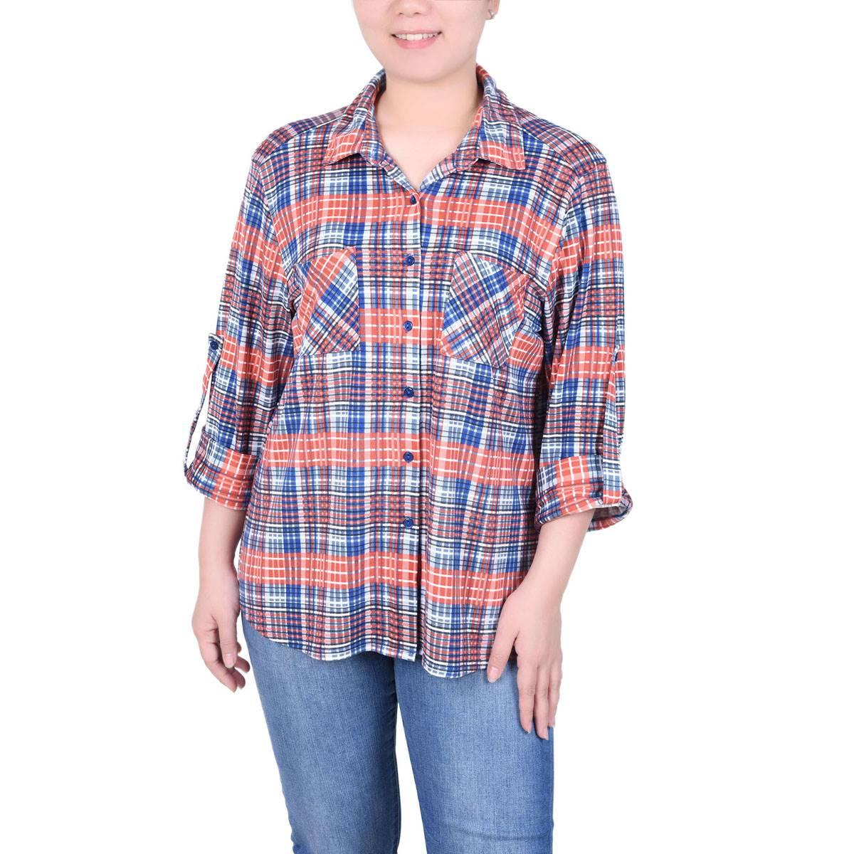 Click here for Womens NY Collection Plaid Pocket Casual Button Do... prices