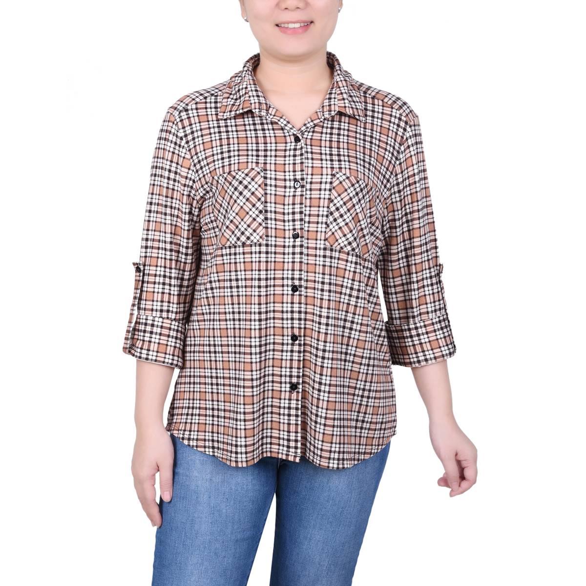 Click here for Petite NY Collection Plaid Double Pocket Casual Bu... prices