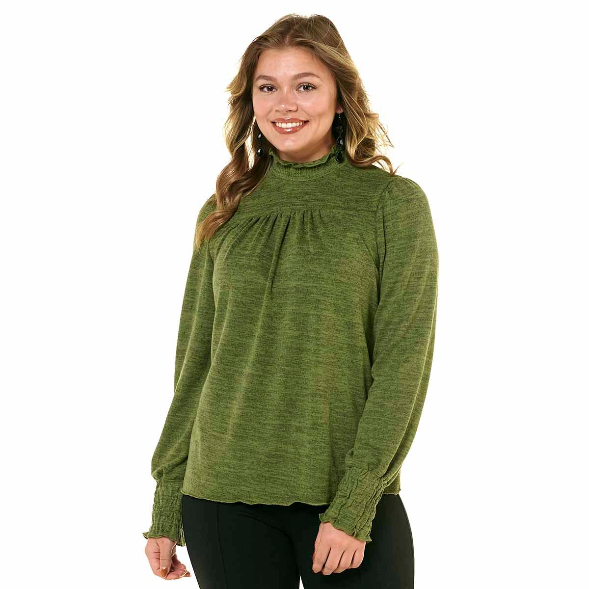 Click here for Womens NY Collection Long Sleeve Ruffle Neck Solid... prices