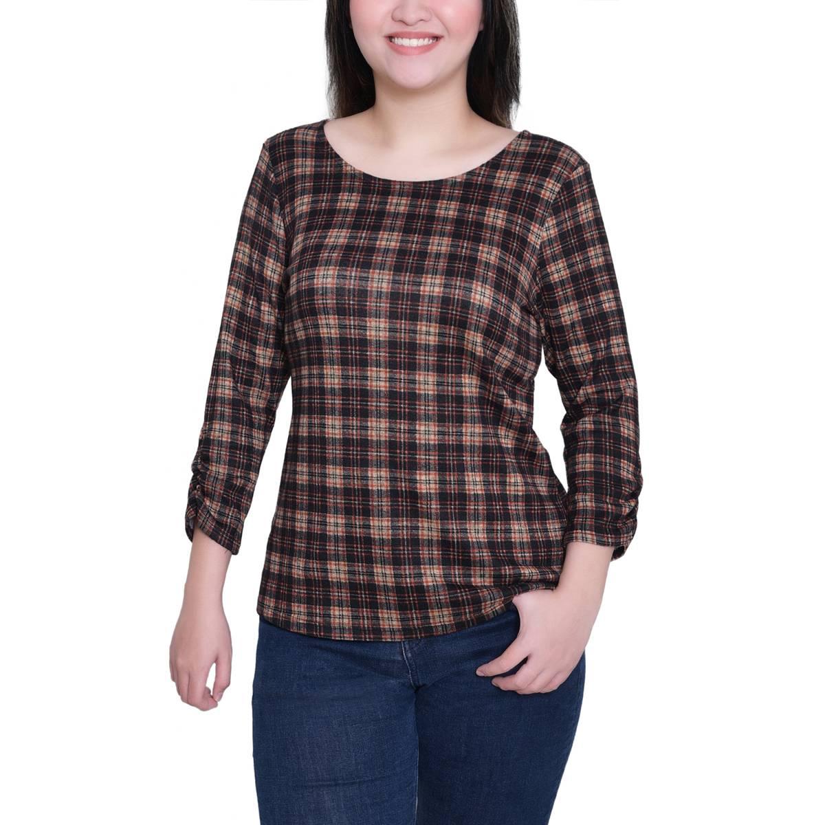 Click here for Womens NY Collection 3/4 Ruch Sleeve Plaid Round N... prices