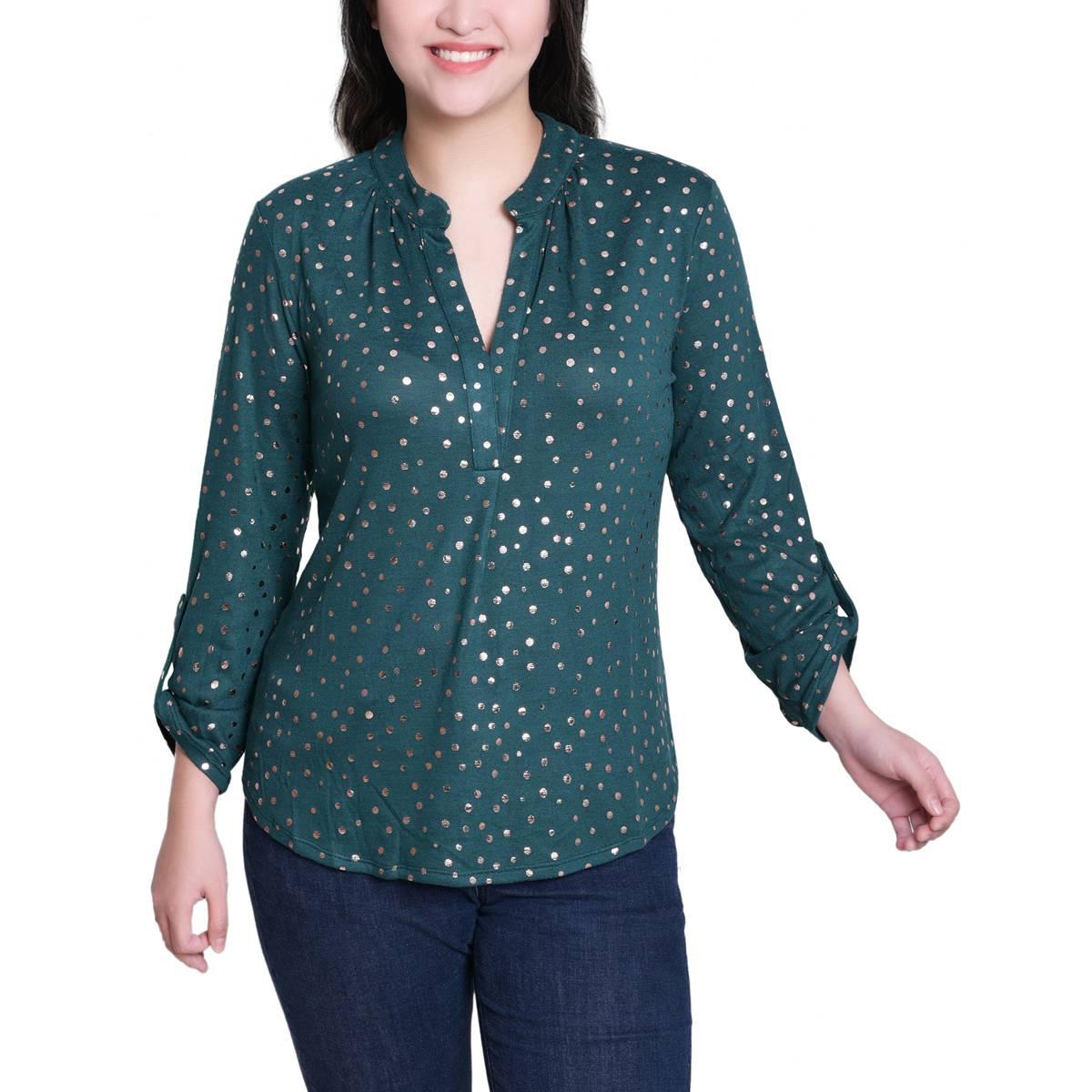 Ny Collection Plus Size Long Roll Tab Sleeve Tunic Top - Navy Melange Gold