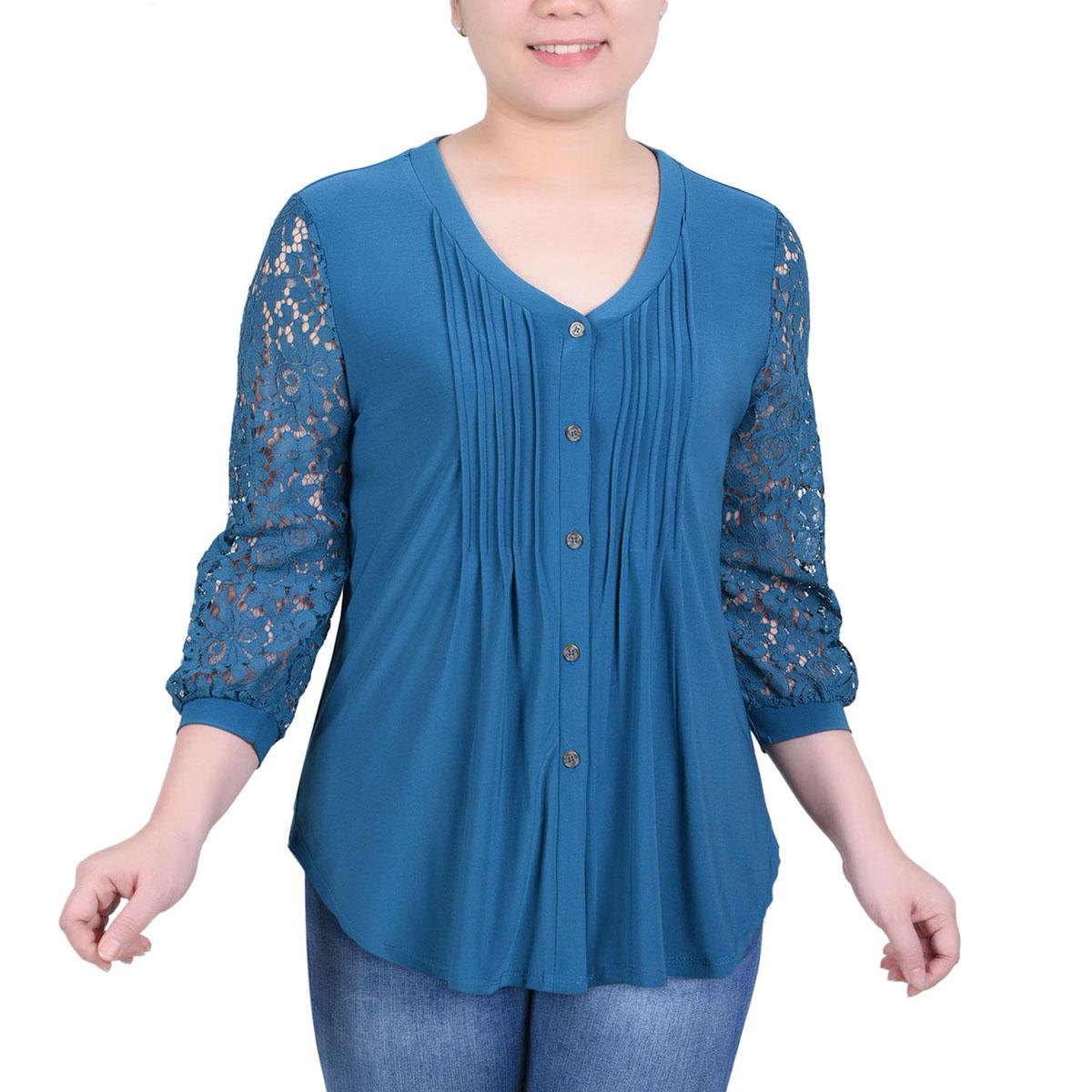 Click here for Petite NY Collection 3/4 Lace Sleeve Pleated Front... prices