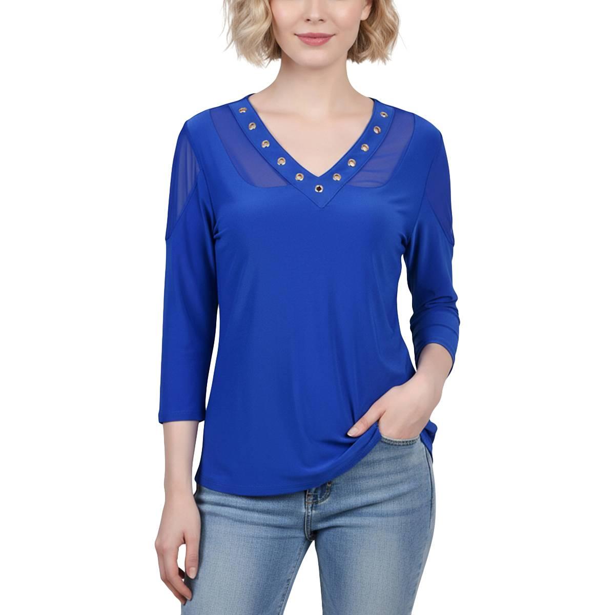 Click here for Womens NY Collection 3/4 Sleeve Grommet V Neck Mes... prices
