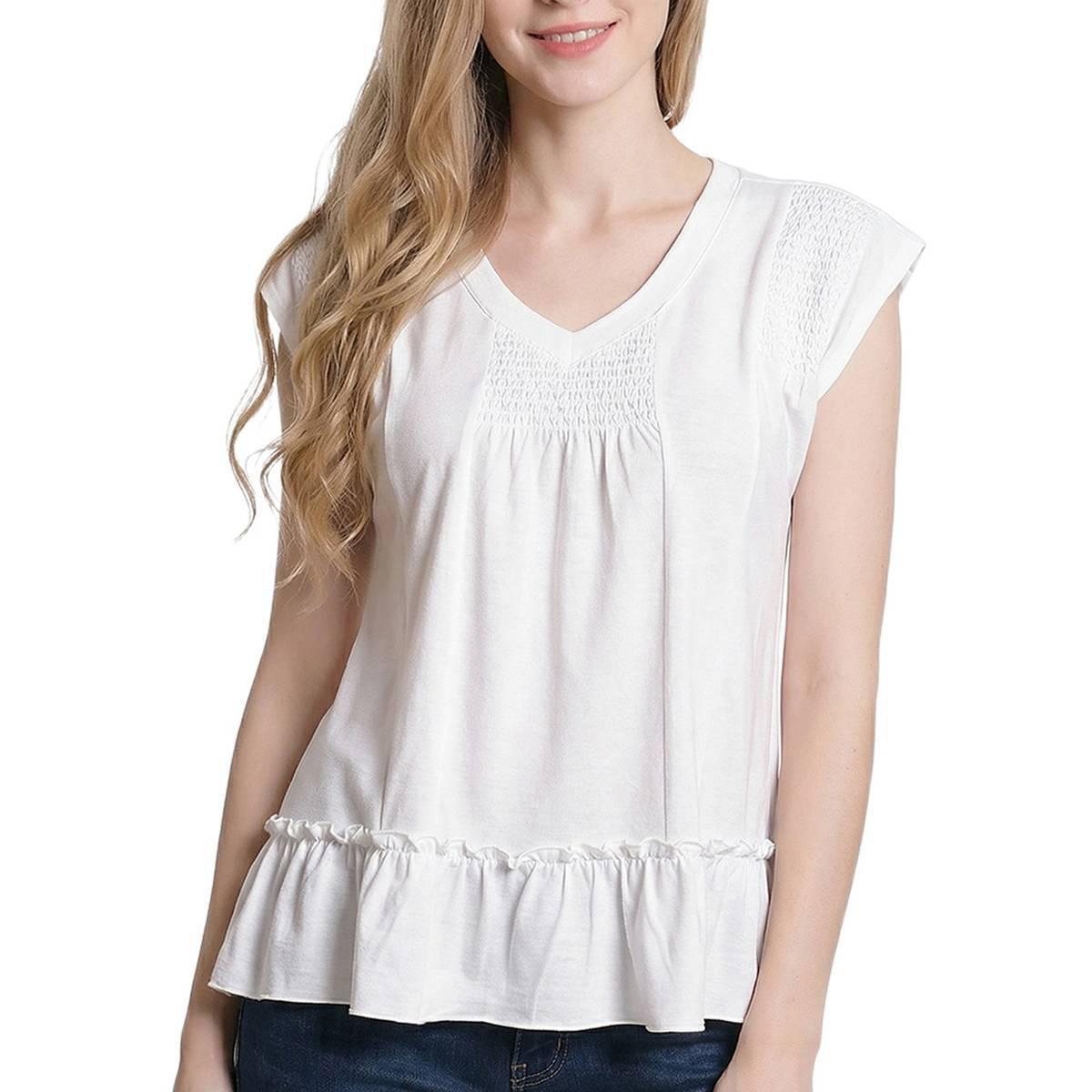 Click here for Womens NY Collection Cap Sleeve V Neck Smock Ruffl... prices