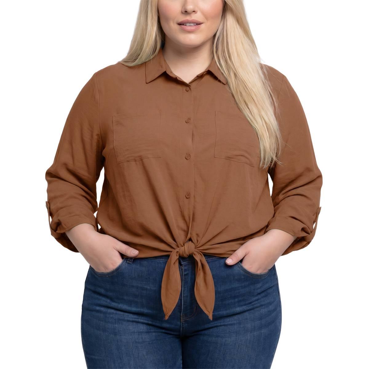 Click here for Plus Size NY Collection Roll Tab Sleeve Solid Tie... prices