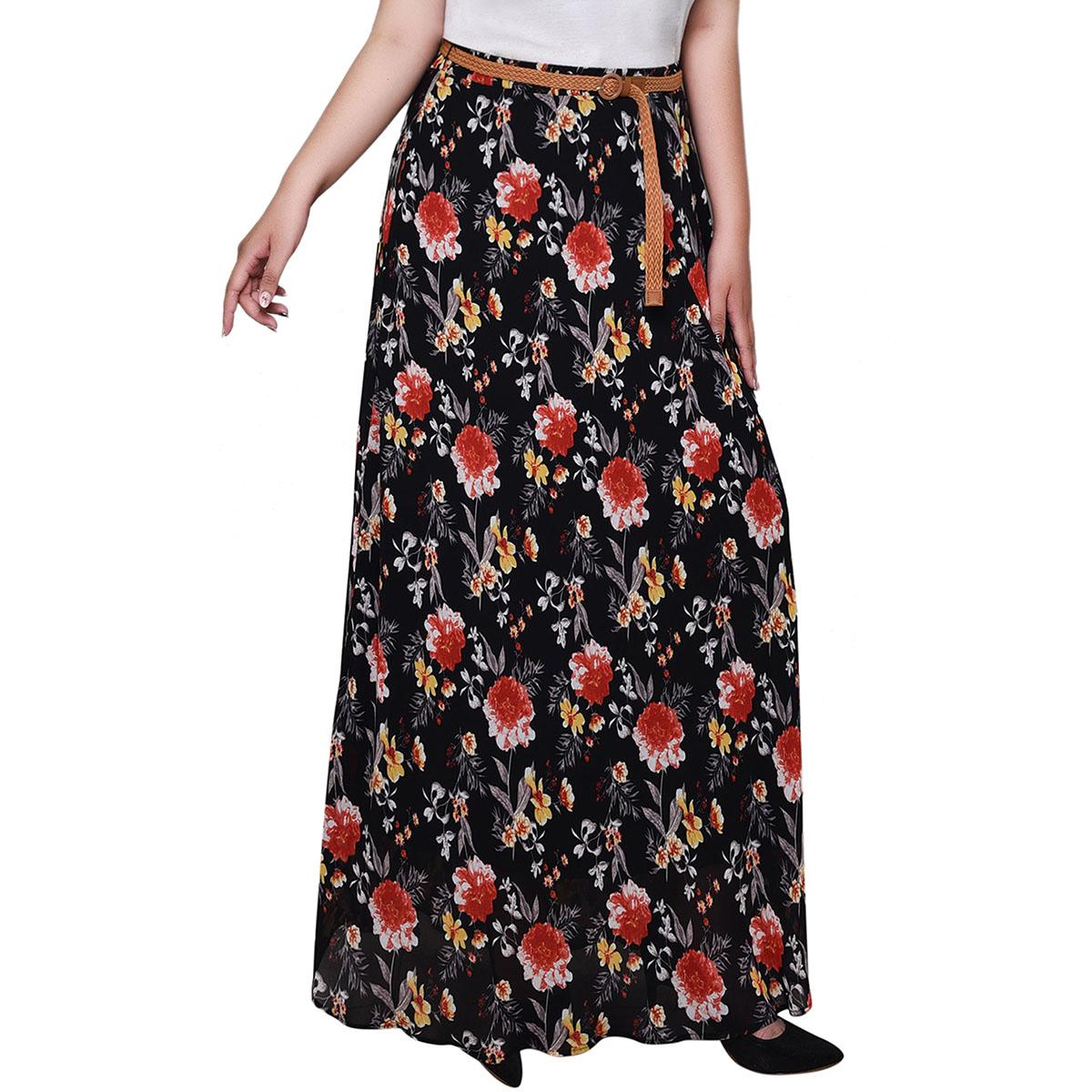 Ny Collection Plus Size Chiffon Maxi Skirt - Black  Red  Gold floral