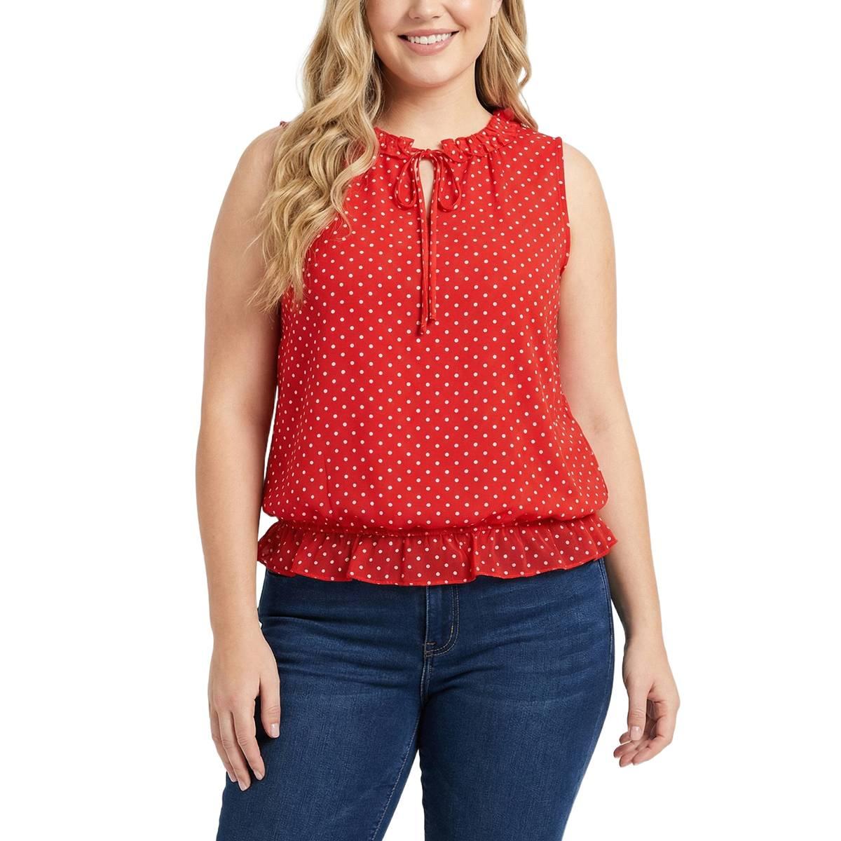 Click here for Plus Size NY Collection Sleeveless Tie Neck Dot Bl... prices