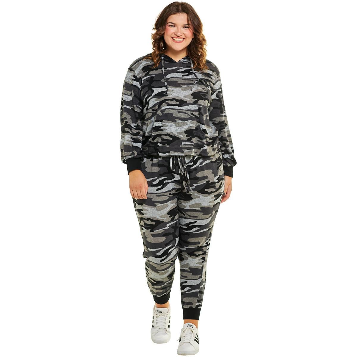 Plus Size NY Collection Long Sleeve Hooded Grey Camo Jogger Set